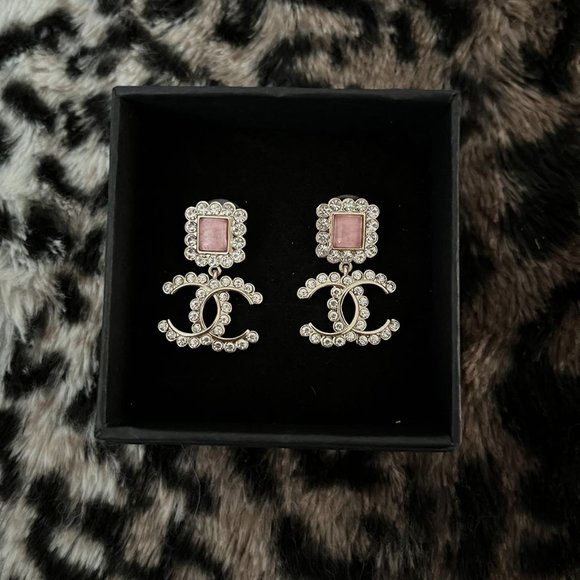 CHANEL | Jewelry | Chanel Rhinestonepink Gemstone Dangle Cc Earrings ...
